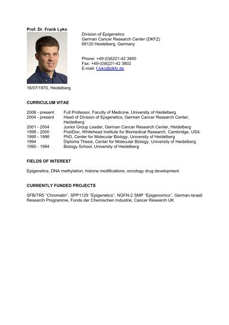 Prof. Dr. Frank Lyko Division of Epigenetics German Cancer ... - HBIGS