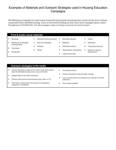 Examples of Materials and Outreach Strategies used in Housing ...