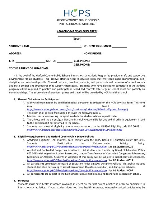 Athletic Participation Form - Harford County Public Schools
