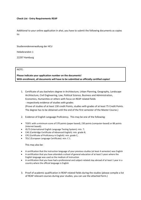 Check List - Entry Requirements REAP Additional to your online ...