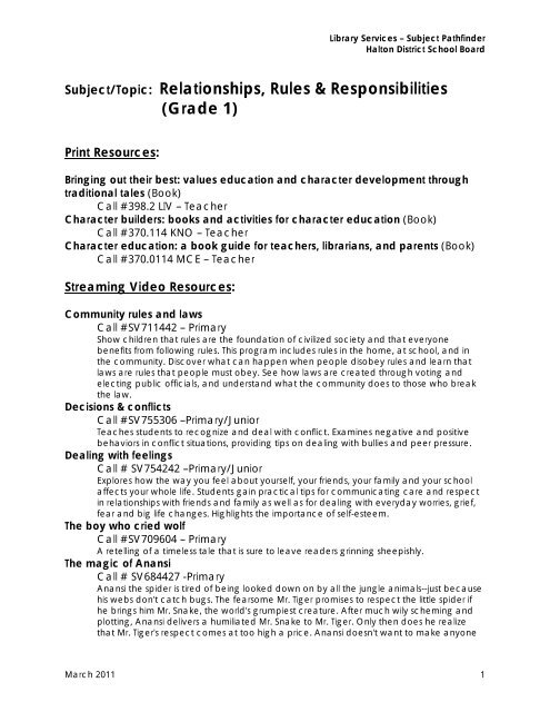 Relationships, Rules & Responsibilities (Grade 1) - Halton District ...