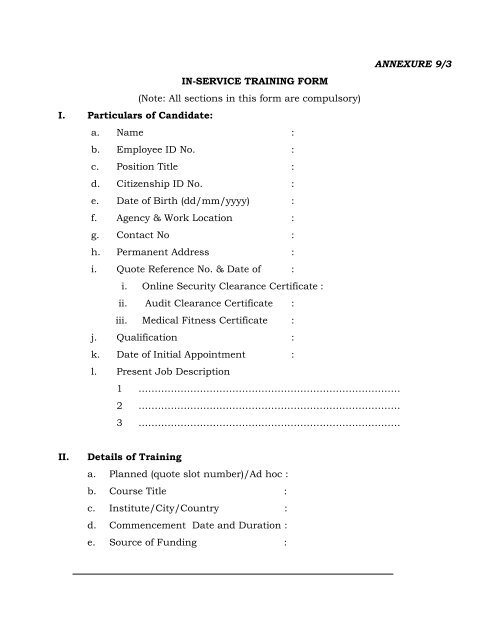 ANNEXURE 9/3 IN-SERVICE TRAINING FORM (Note: All sections ...