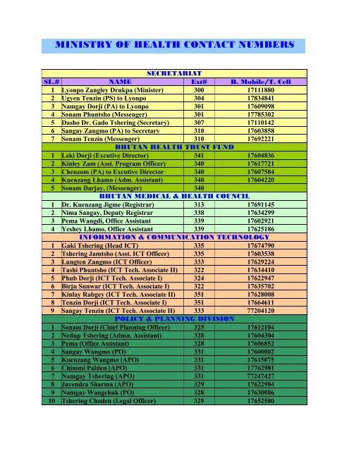 MINISTRY OF HEALTH CONTACT NUMBERS