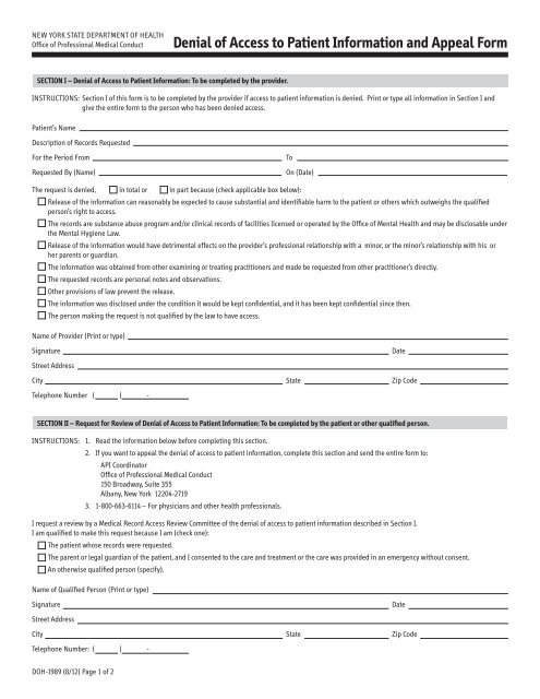 Denial of Access to Patient Information and Appeal Form