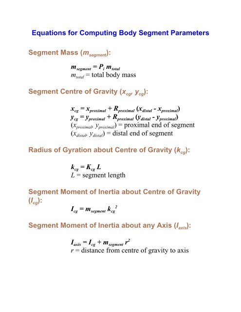 Body Segment Parameter Equations