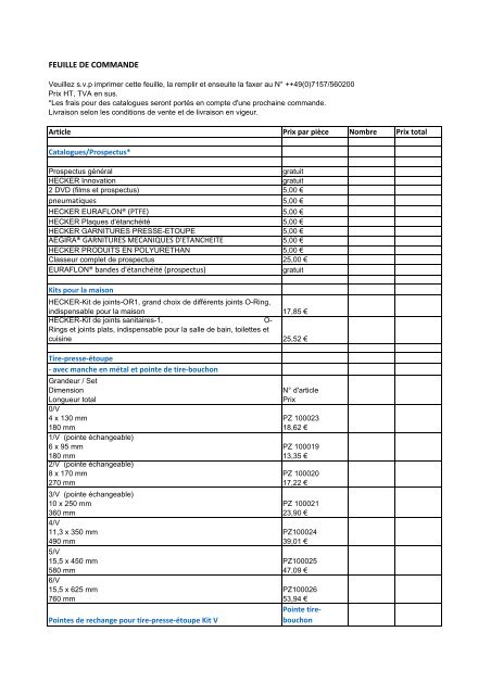 FEUILLE DE COMMANDE - HECKER WERKE GmbH