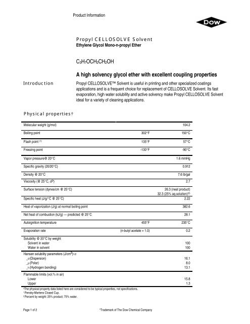 Propyl CELLOSOLVE™ Solvent - The Dow Chemical Company