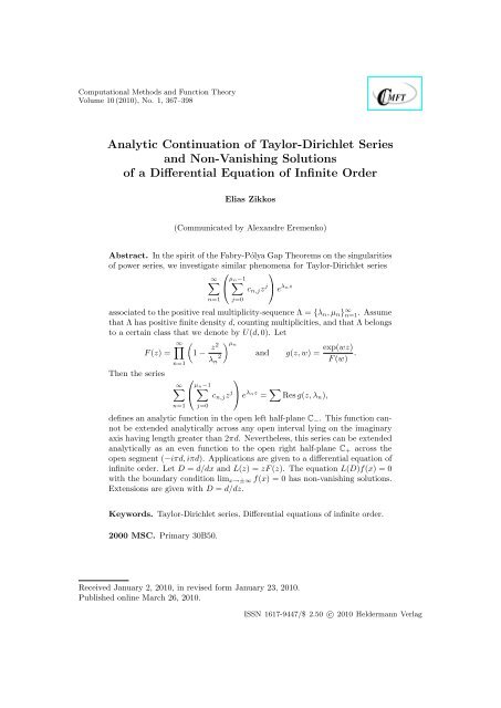 Analytic Continuation of Taylor-Dirichlet Series and Non-Vanishing ...