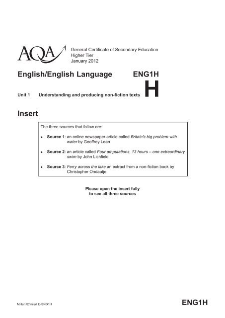 ENG1H English/English Language ENG1H Insert