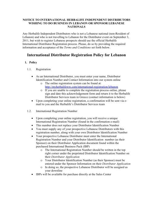 International Distributor Registration Policy for Lebanon - Herbalife