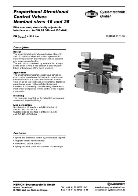 Proportional Directional Control Valves Nominal sizes 16 and 25