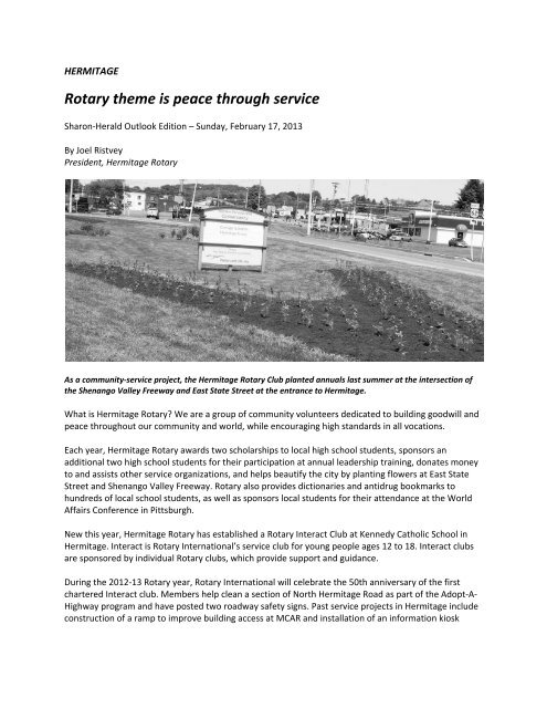 Rotary theme is peace through service - City of Hermitage