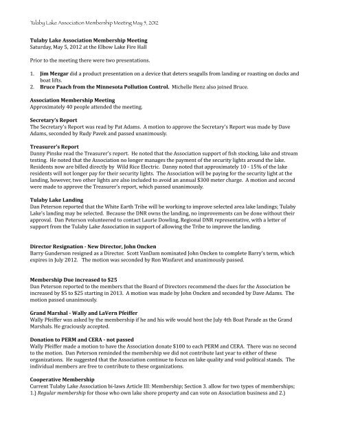 Secretary's Report - May 2012 - Tulaby Lake Association