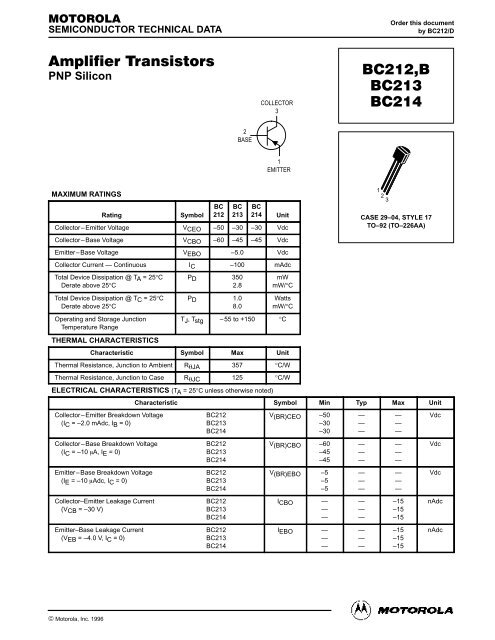 Amplifier Transistors BC212,B BC213 BC214 - Datasheet Catalog
