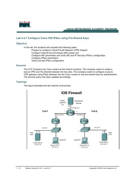 Lab 4.4.7 Configure Cisco IOS IPSec using Pre-Shared Keys Lab 4.4.7 Configure Cisco IOS IPSec using Pre-Shared Keys