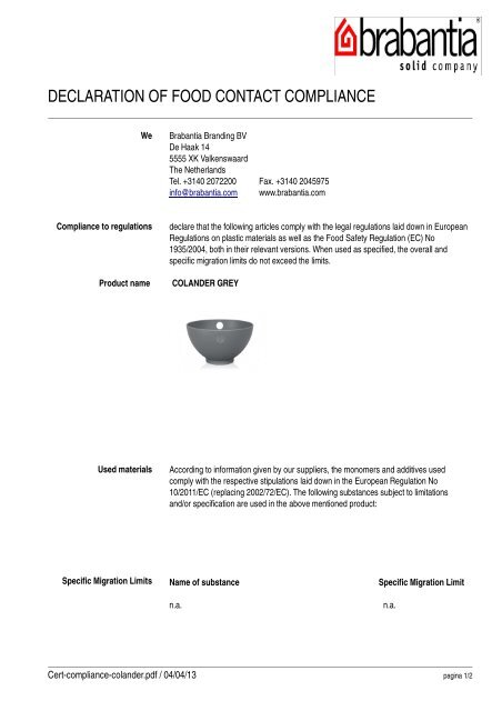 DECLARATION OF FOOD CONTACT COMPLIANCE - Brabantia