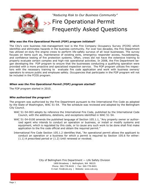 Fire Operational Permit Frequently Asked ... - City of Bellingham