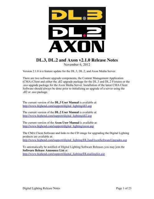 DL.3, DL.2 and Axon v2.1.0 Release Notes - High End Systems