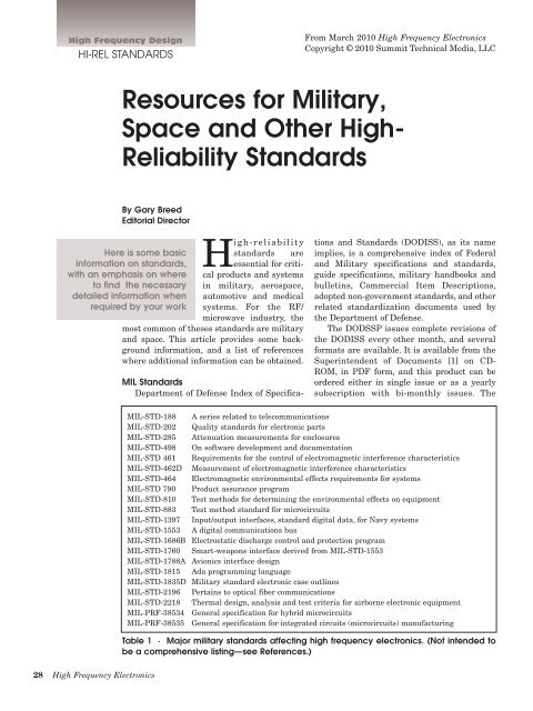 Resources for Military, Space and Other High- Reliability Standards