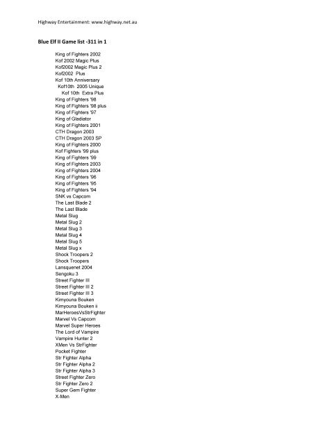 Blue Elf II Game list -311 in 1 - Highway Entertainment