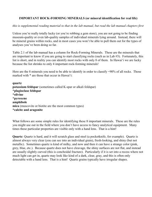 IMPORTANT ROCK-FORMING MINERALS (or mineral identification ...
