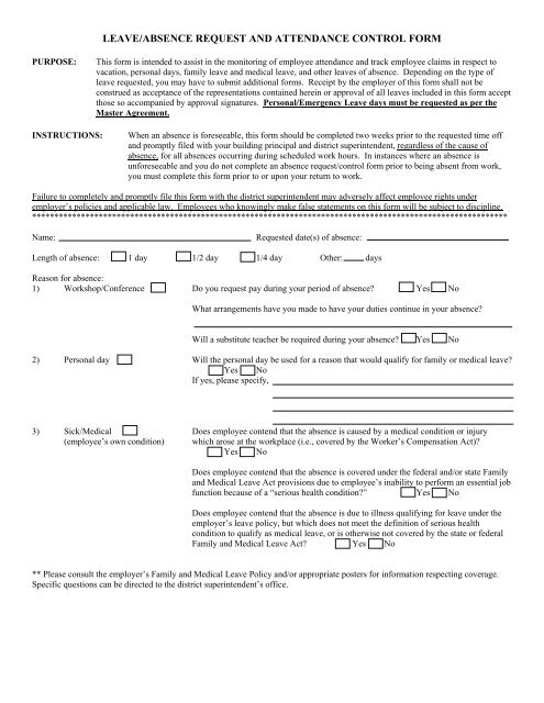 leave/absence request and attendance control form - Hilbert School ...