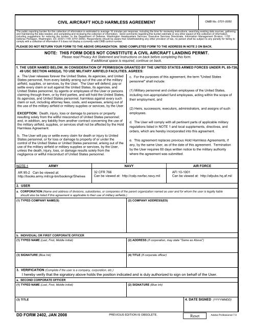 DD Form 2402, Civil Aircraft Hold Harmless Agreement, January 2008