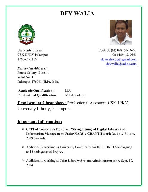 DEV WALIA - CSK Himachal Pradesh Agricultural University