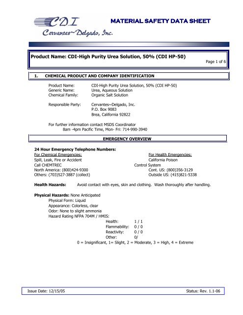 MSDS-HP 50% Urea Solution - Hill Brothers Chemical Co.