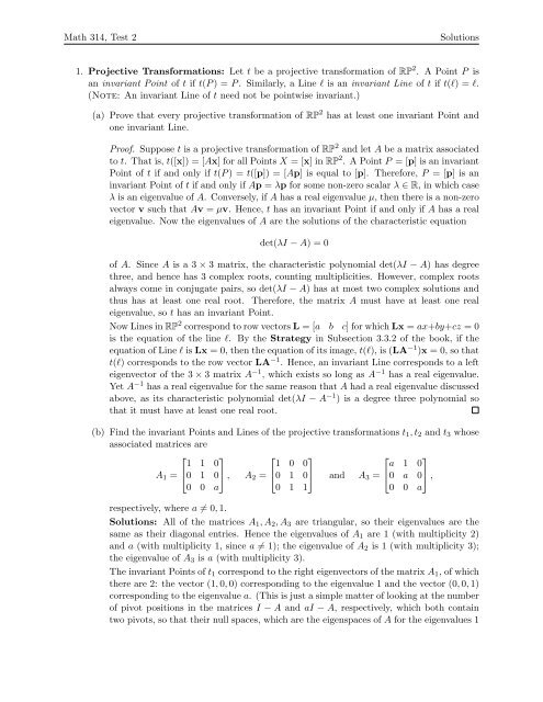 Math 314, Test 2 Solutions 1. Projective Transformations: Let t be a ...