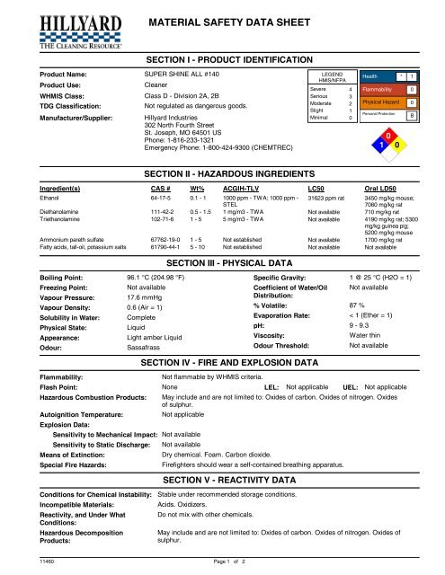 MATERIAL SAFETY DATA SHEET - Hillyard