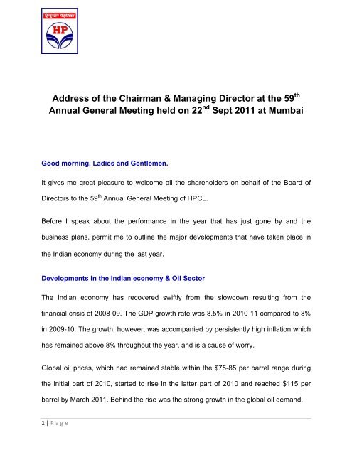 Chairman's Address at the 59th AGM