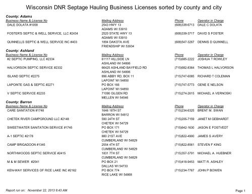 Wisconsin DNR Septage Hauling Business Licenses sorted by ...