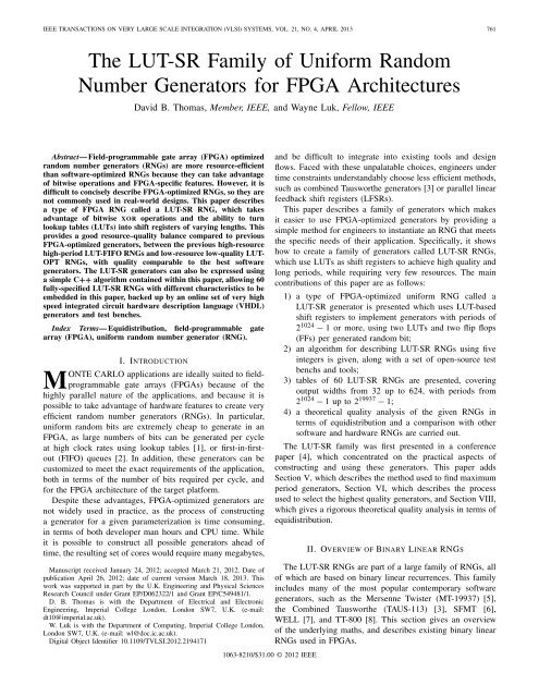The LUT-SR family of uniform random number generators for FPGA ...