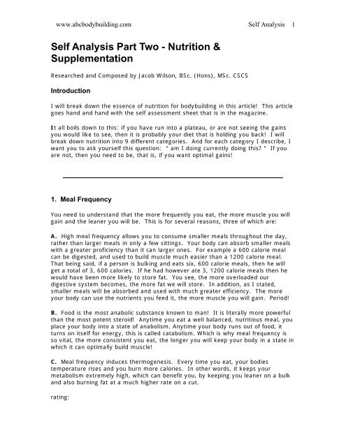 Self Analysis Part Two - Nutrition ... - ABC Bodybuilding
