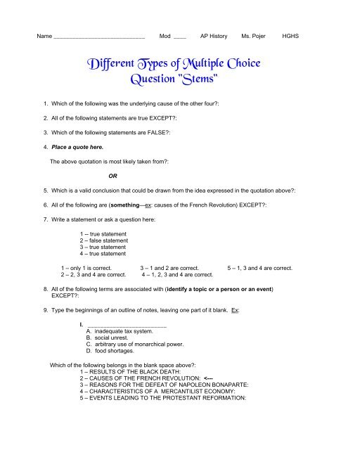 Different Types of Multiple Choice Question ... - Historyteacher.net