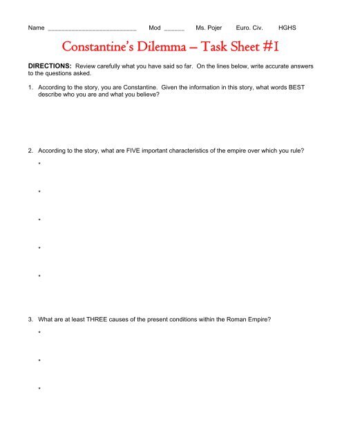 Constantine's Dilemma - Task Sheet #1. - Historyteacher.net