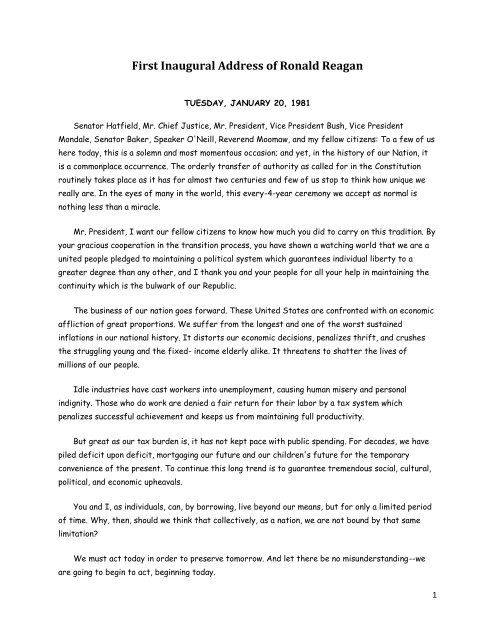 Ronald Reagan's First Inaugural Address. - Historyteacher.net