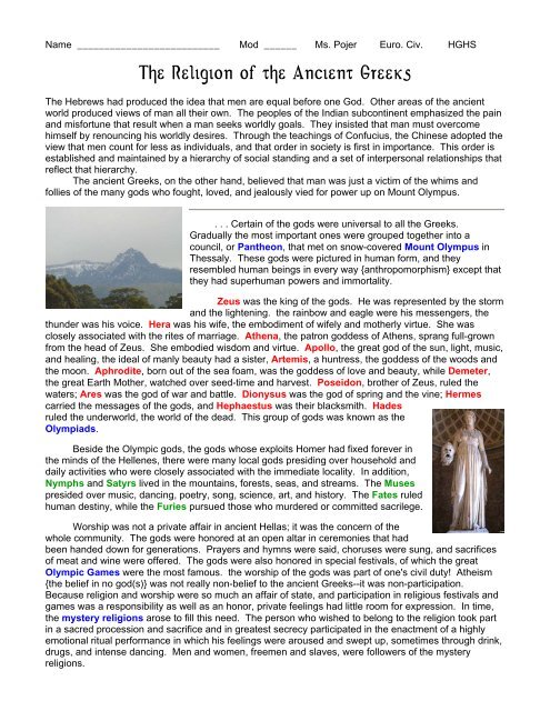 The Religion of the Ancient Greeks. - Historyteacher.net