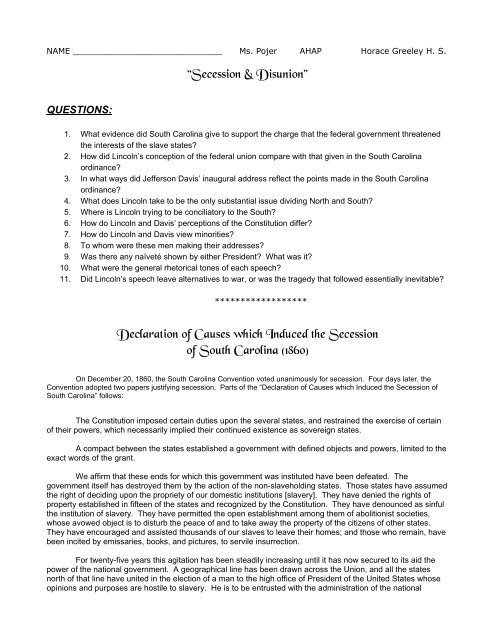 â Secession & Disunionâ Declaration of Causes ... - Historyteacher.net