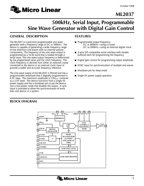 ML2037 500kHz, Serial Input, Programmable Sine Wave Generator ...