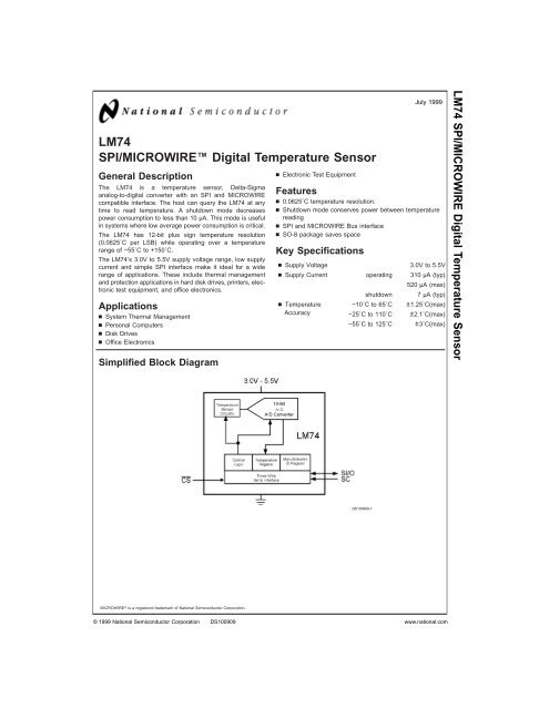 LM74 SPI/ MICROWIRE Digital Temperature Sensor