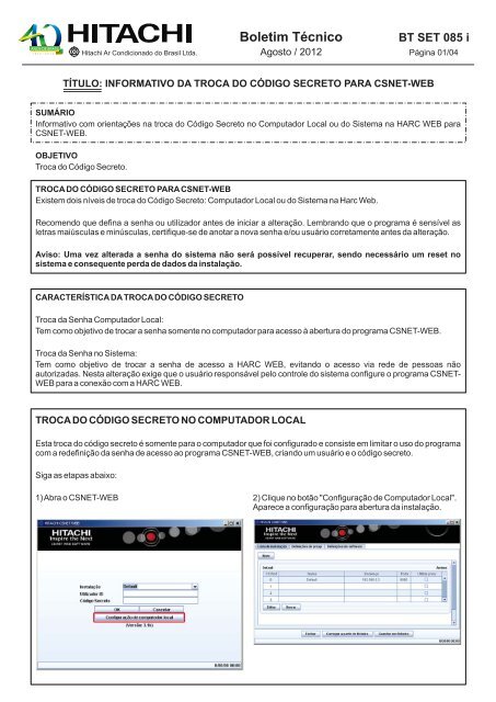 BT SET 085 i TROCA CÃ DIGO SECRETO PARA CSNET ... - Hitachi
