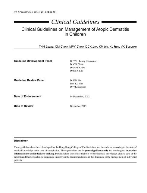 Clinical Guidelines on Management of Atopic Dermatitis in Children