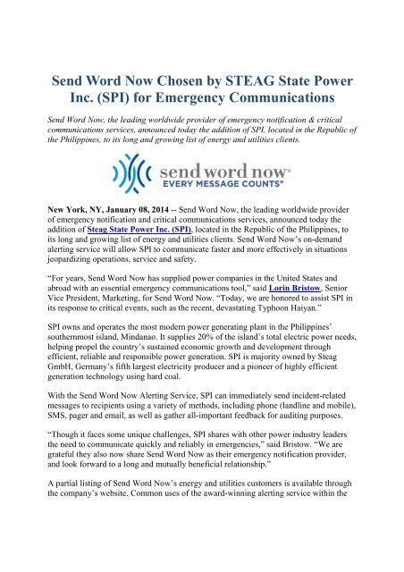 Send Word Now Chosen by STEAG State Power Inc. (SPI) for Emergency ...