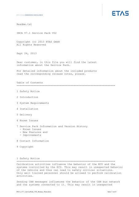 Release Notes INCA 7.1 Service Pack 2 - ETAS