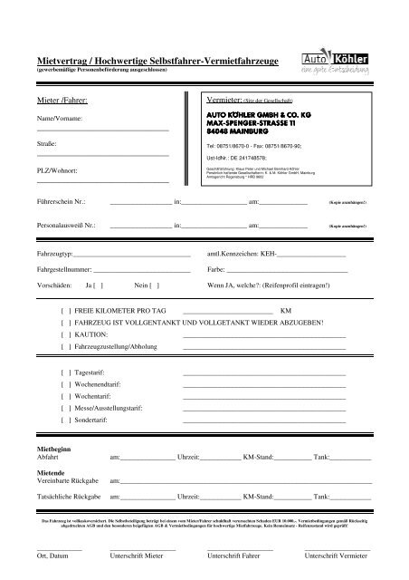 Mietvertrag / Hochwertige Selbstfahrer-Vermietfahrzeuge - Auto Köhler