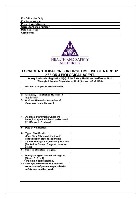 notification form for first time use of a group 2 / 3 or 4 biological agent