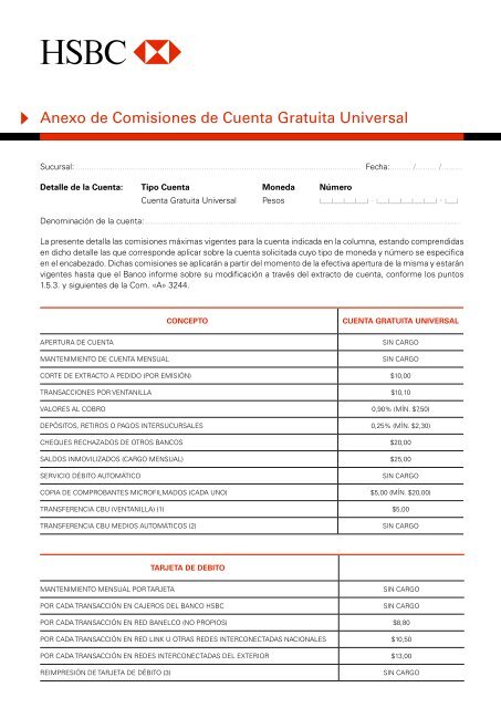 Anexo de Comisiones de Cuenta Gratuita Universal - Hsbc