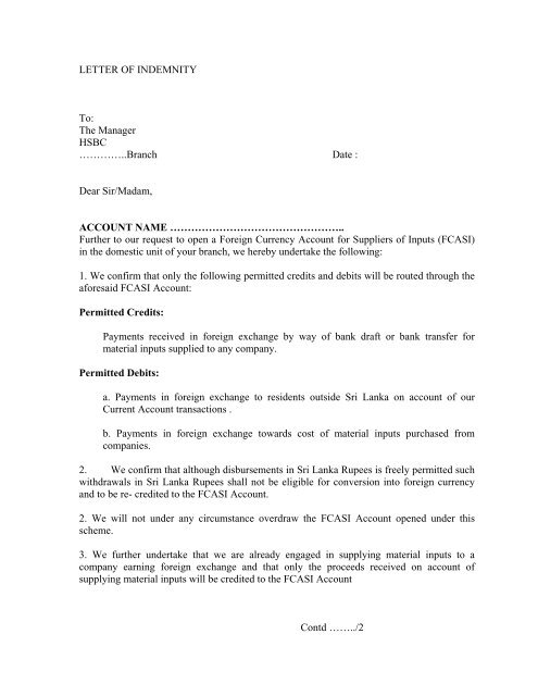 LETTER OF INDEMNITY - HSBC Sri Lanka